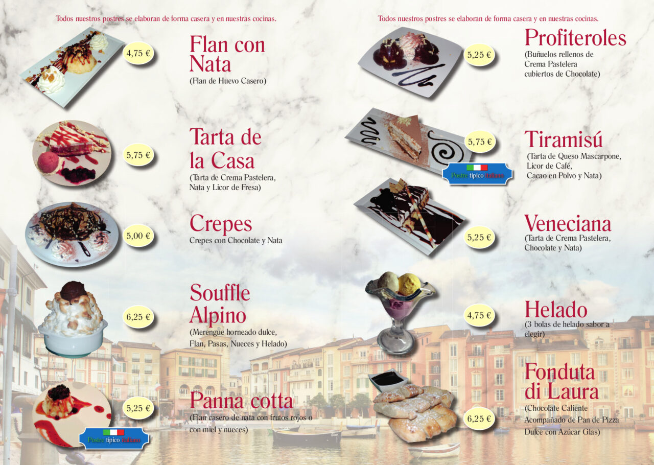 Carta de postres - Ristorante italiano Portofino Linares